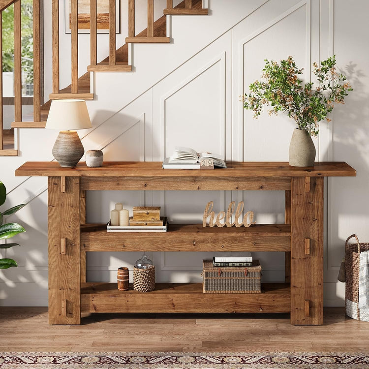 63" Wood Console Table, Farmhouse Sofa Table with 3-Tier Shelves